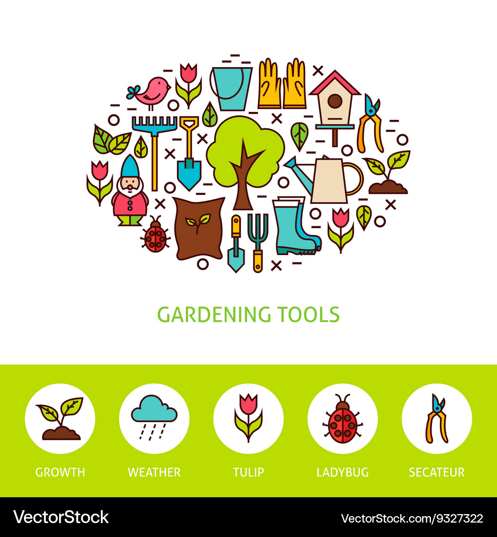 Gardening tools flat outline design template Vector Image