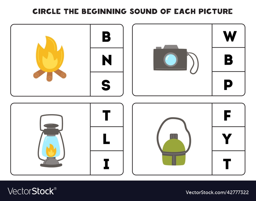 Worksheet for kids find the beginning sound Vector Image