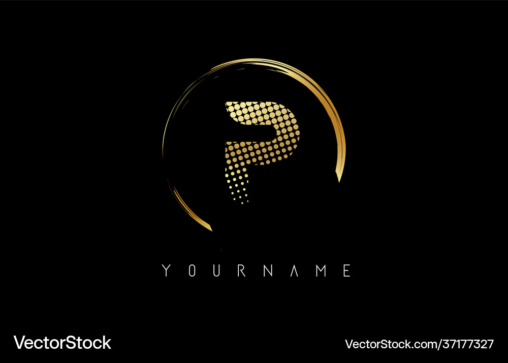 Golden p letter logo design with dots Royalty Free Vector