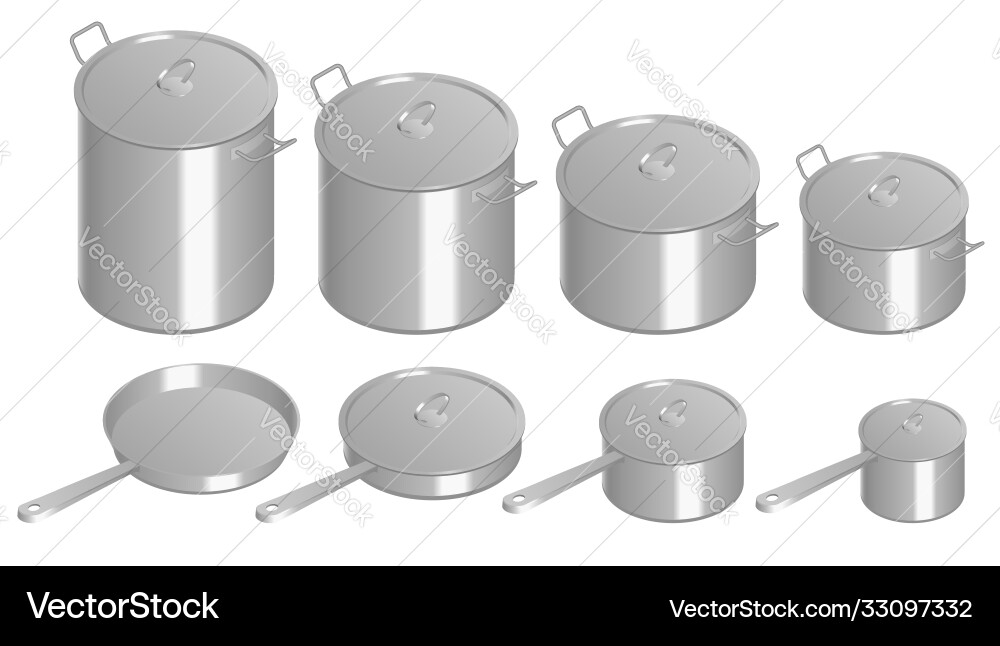 Isometric set stainless pots and pan with glass Vector Image