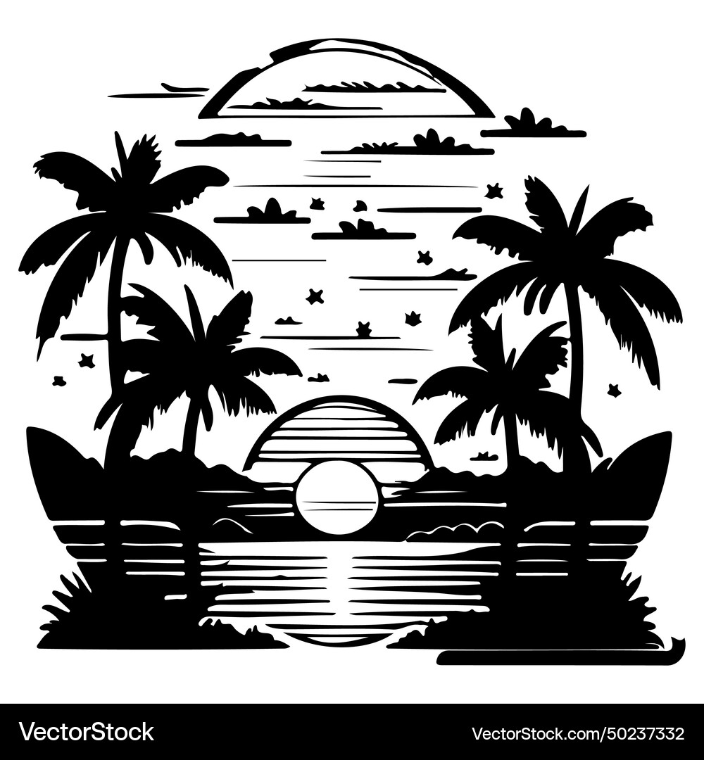 Summer beach sunset palm trees sketch hand draw Vector Image