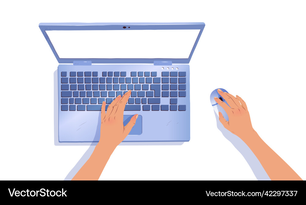 Flat lay of hands working on laptop Royalty Free Vector