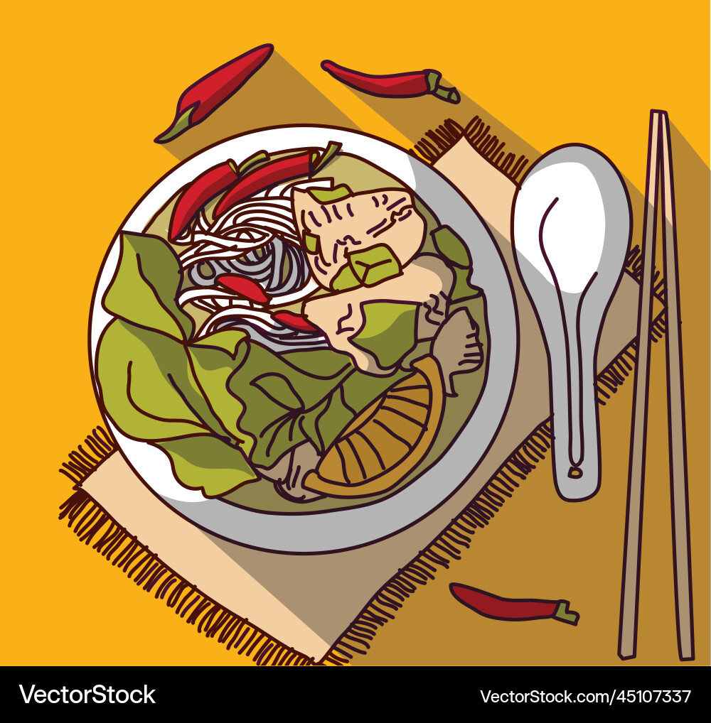 Pho bo soup food top view Royalty Free Vector Image