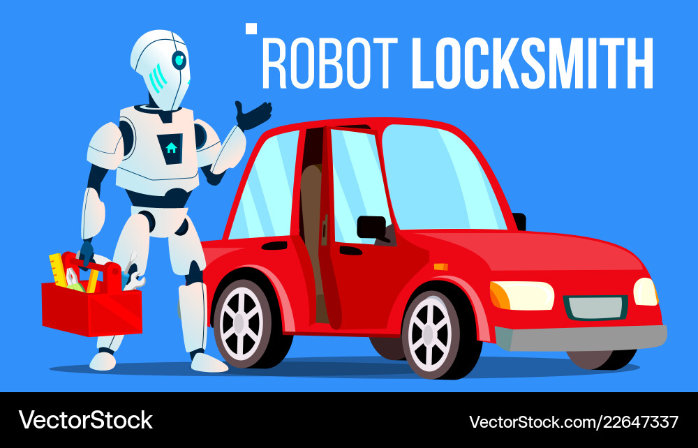 Robot locksmith repairing a car isolated Vector Image