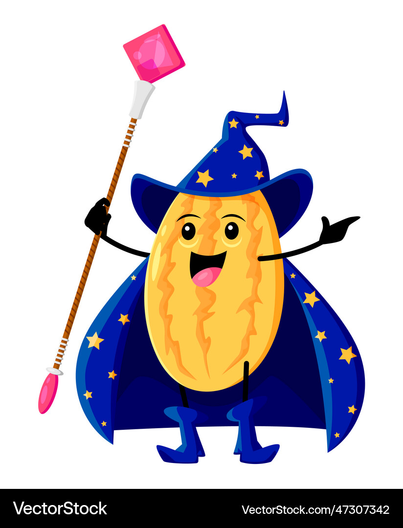 Cartoon melon fruit wizard or magician character Vector Image