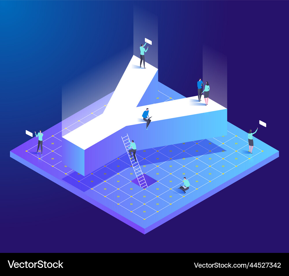 Isometric creative font letter y with small people