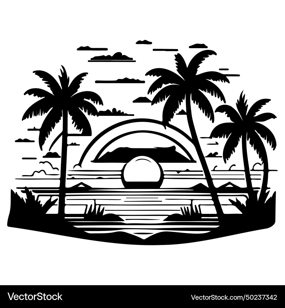 Summer beach sunset palm trees sketch hand draw Vector Image