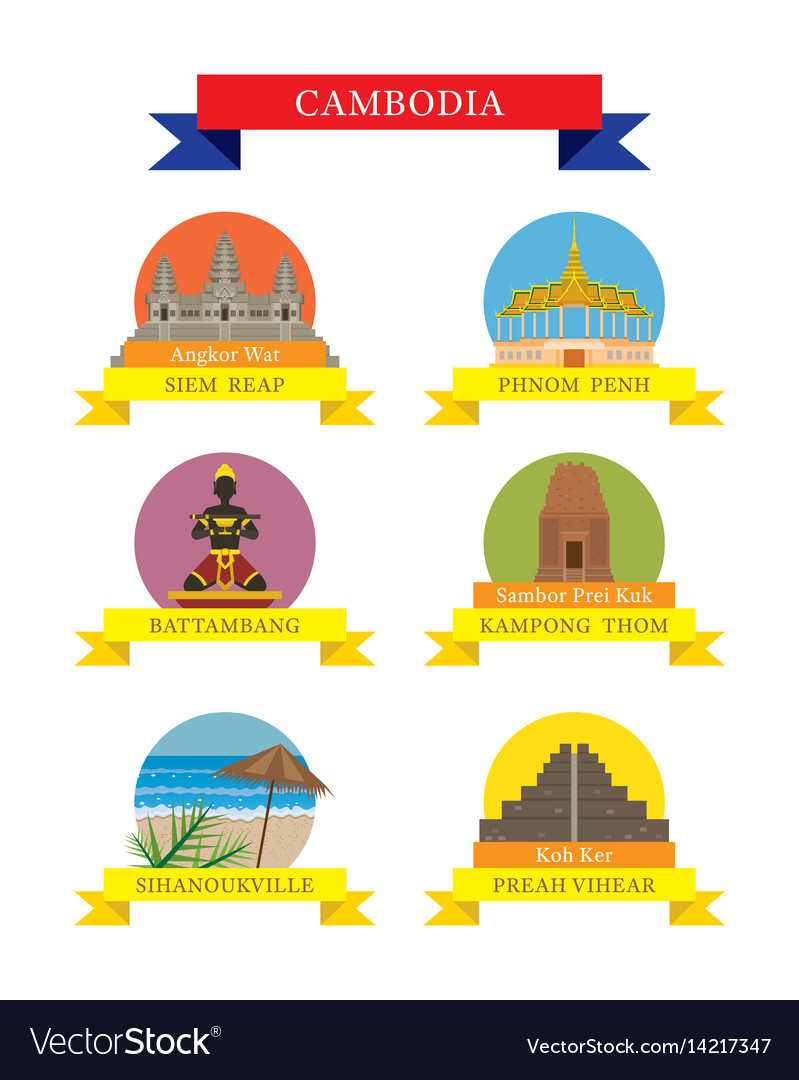 Cambodia provinces and landmarks icons set Vector Image Cambodia provinces and landmarks icons set Vector Image