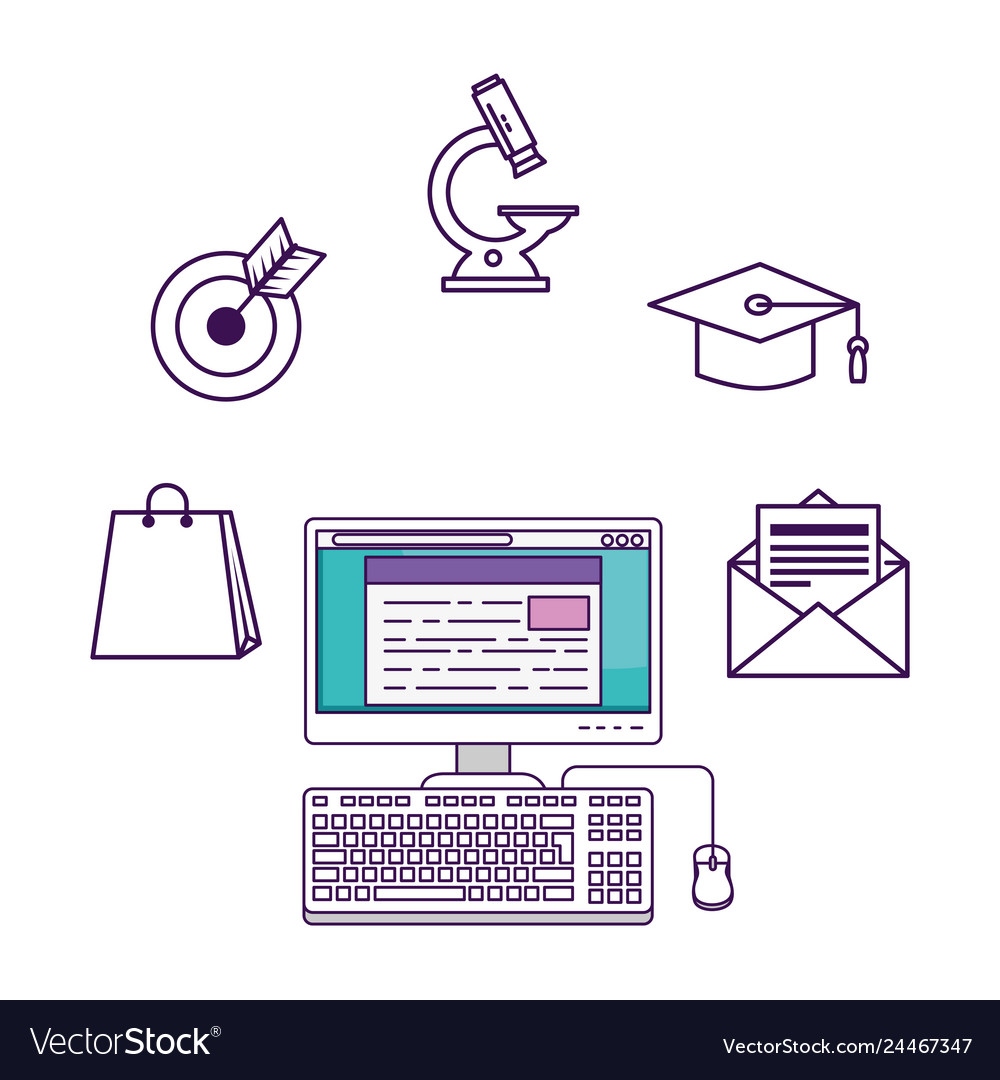 Desktop with elearning icons Royalty Free Vector Image