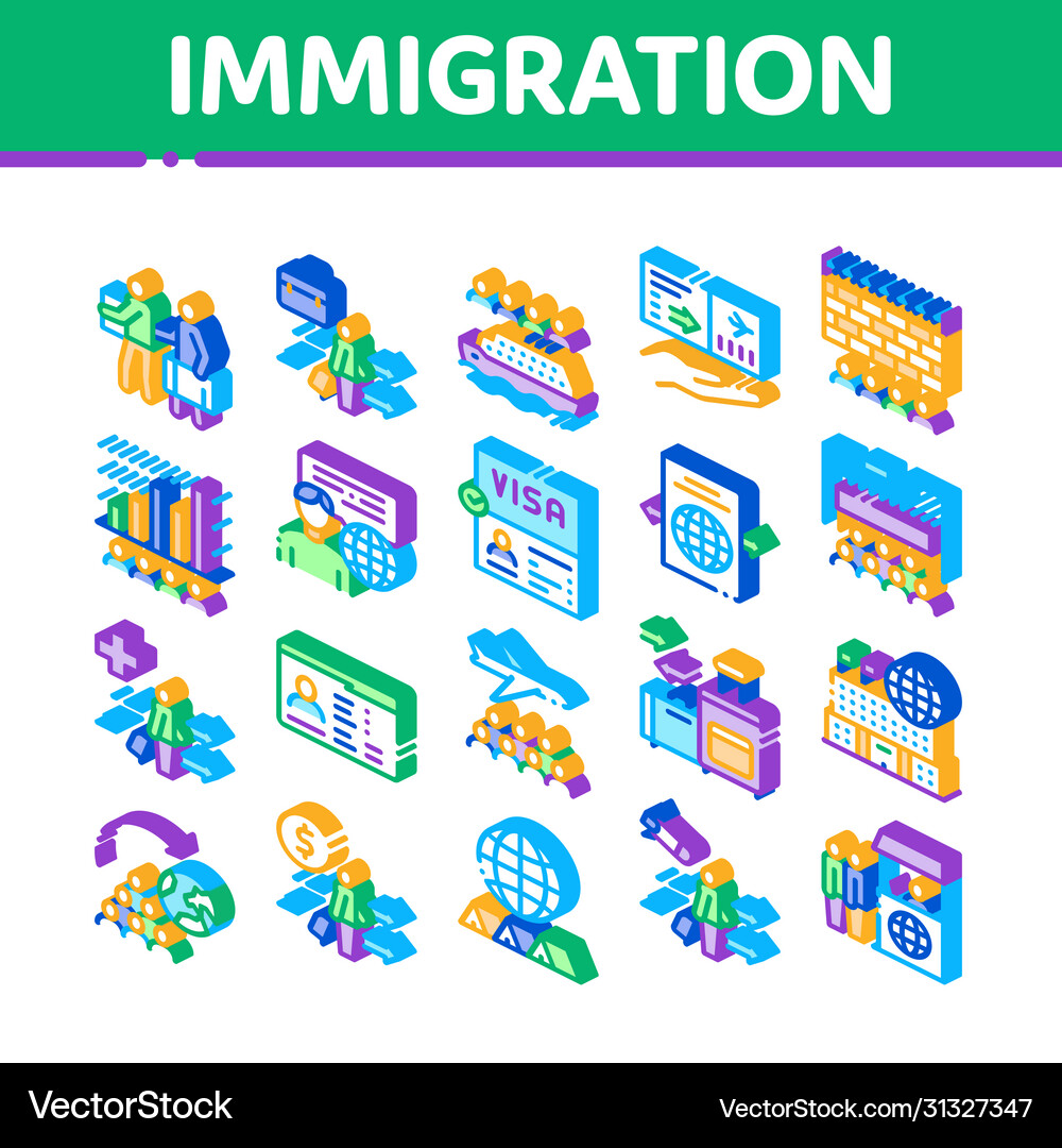 Immigration refugee isometric icons set Royalty Free Vector