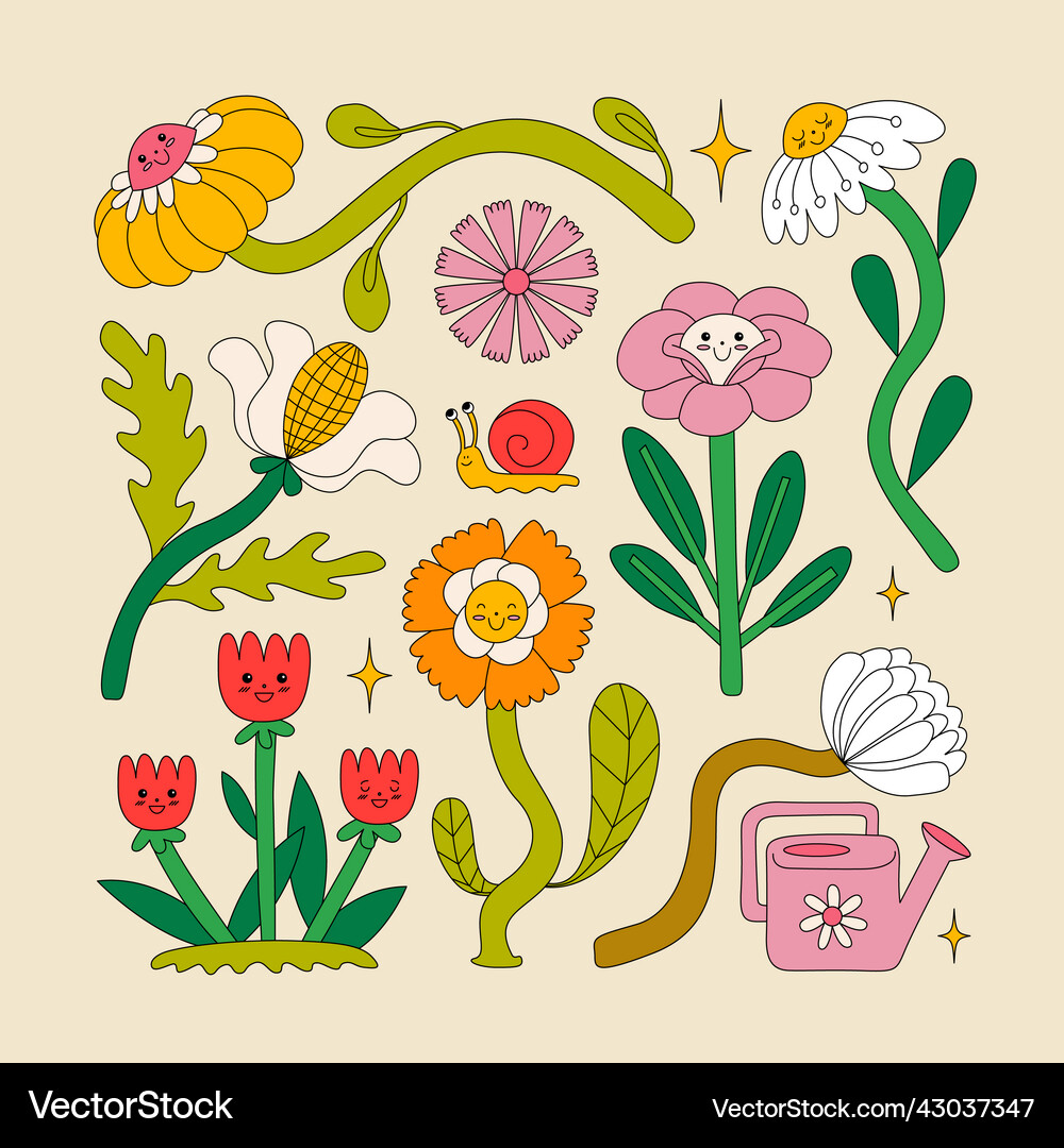 Retro Floral Faces - 70s Style Royalty Free Vector Image