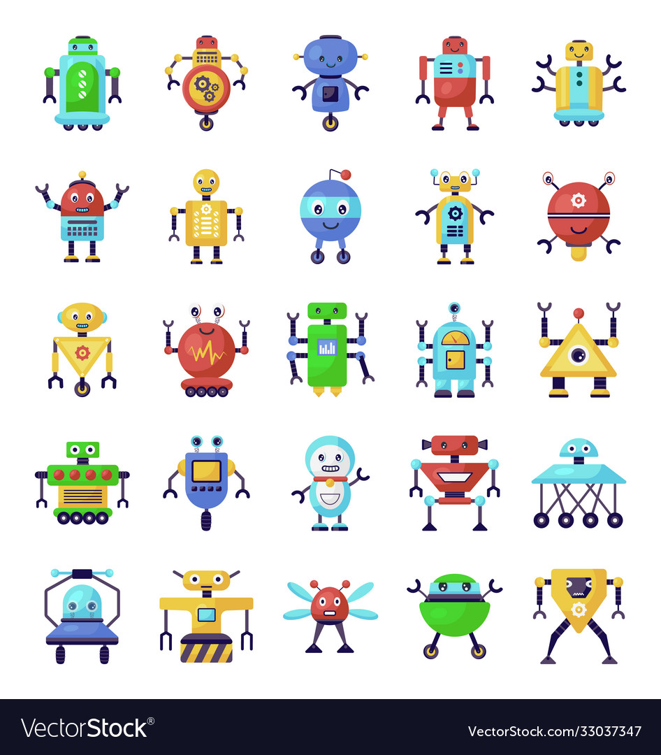 Robots in trendy flat icons pack Royalty Free Vector Image