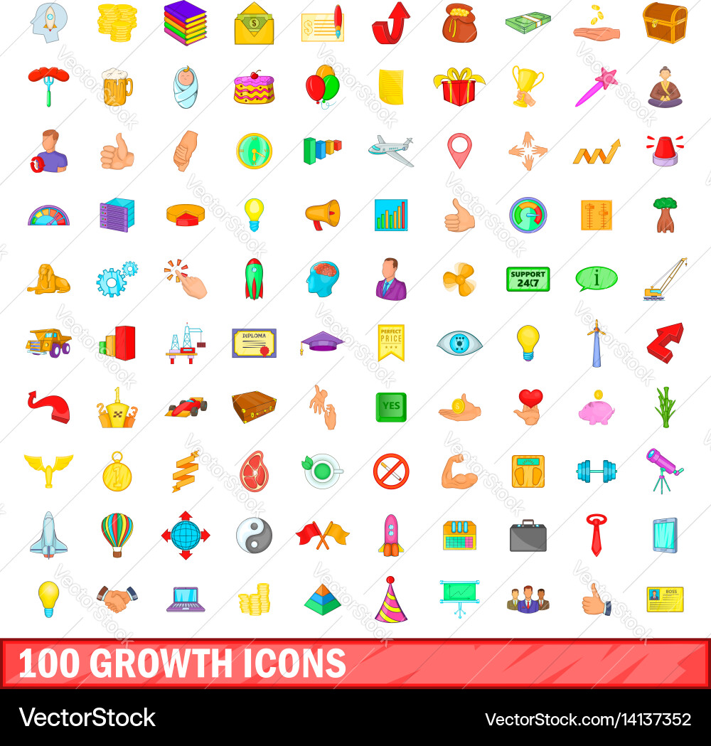 100 growth icons set cartoon style Royalty Free Vector Image