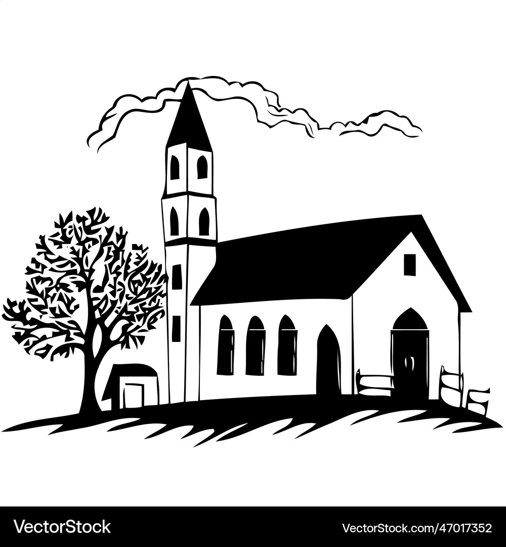 Classic small church building black and white Vector Image