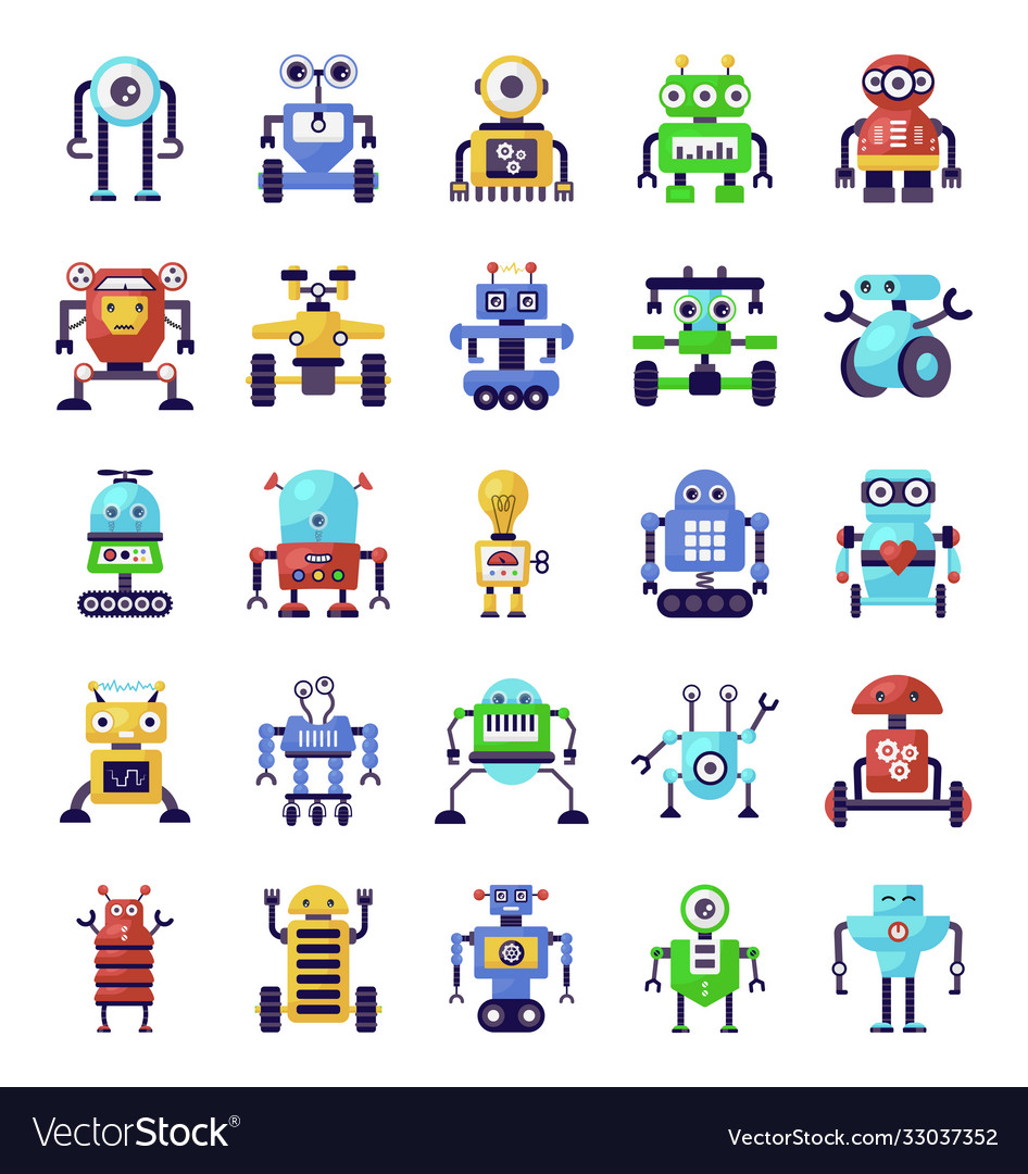 Robots and machines in trendy flat icons pack Vector Image