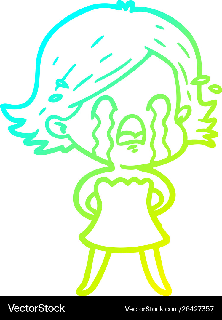 Cold gradient line drawing cartoon woman crying Vector Image