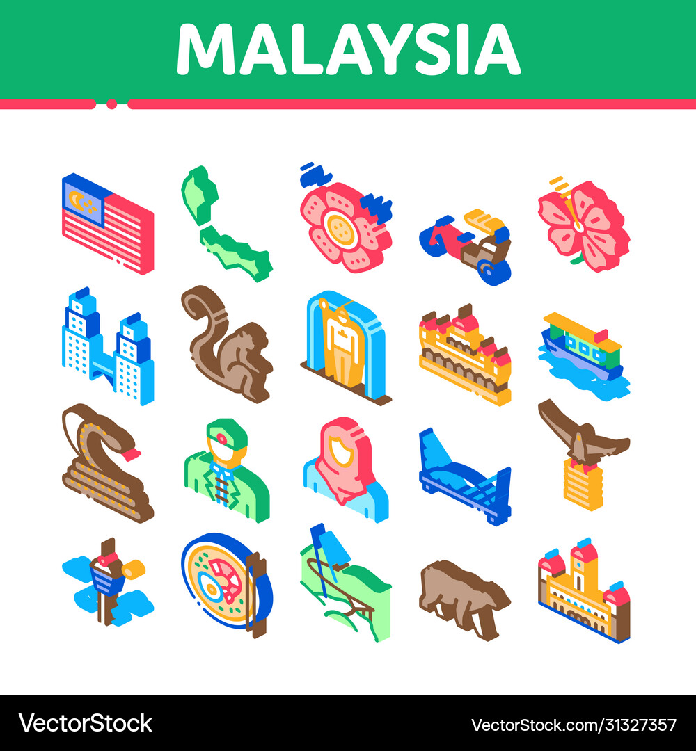 Malaysia national isometric icons set Royalty Free Vector