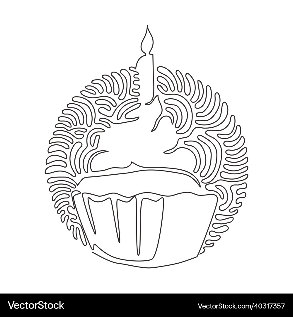 Single one line drawing yummy cupcake with candle Vector Image