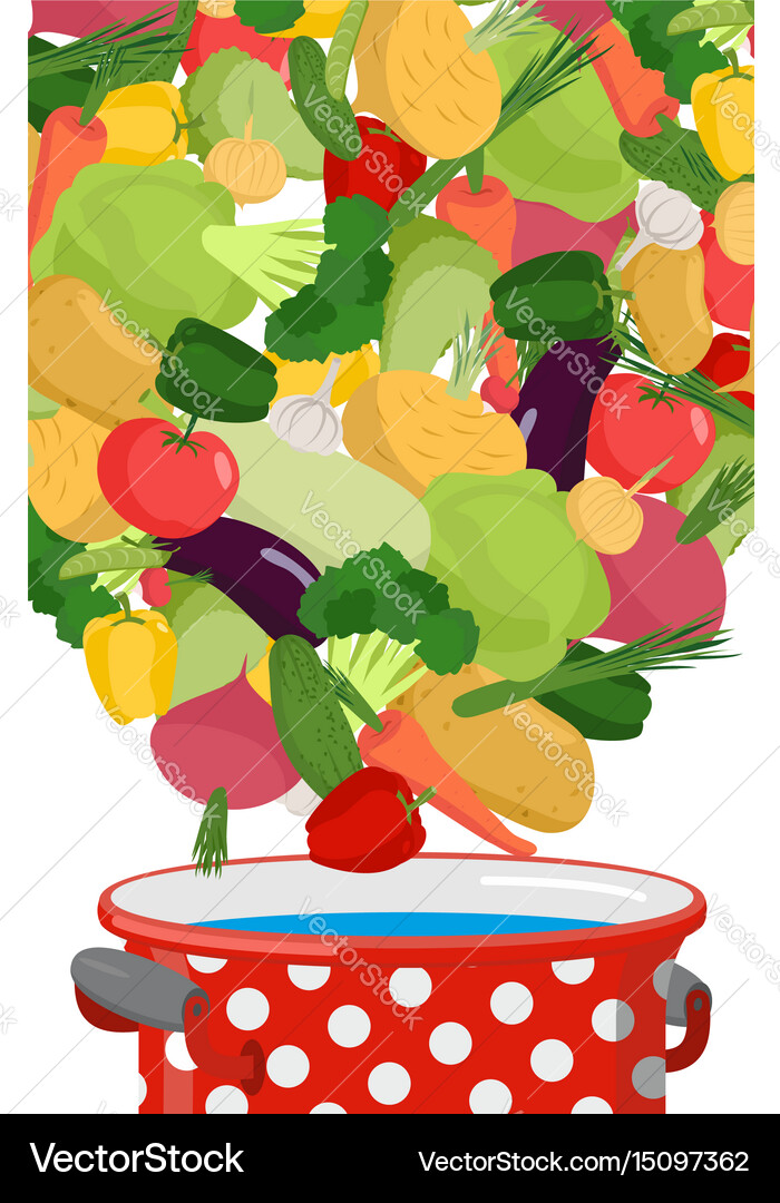 Vegetables in saucepan boil vegetable soup Vector Image