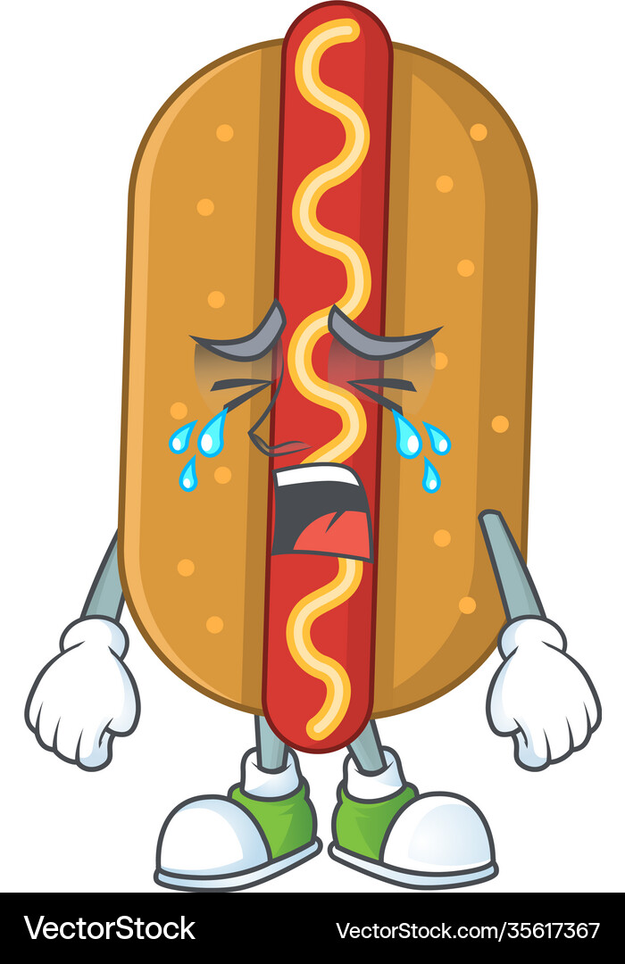 A crying hotdog cartoon character drawing concept Vector Image
