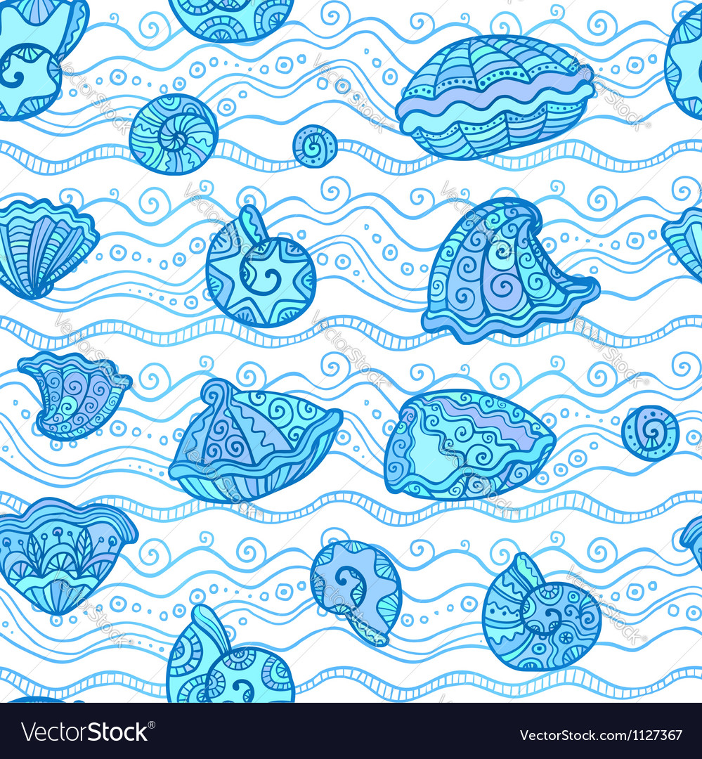 Blue seashells and waves seamless pattern Vector Image