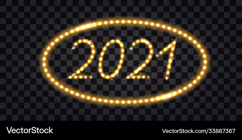 Gold glowing 2021 sign with neon led light effect Vector Image