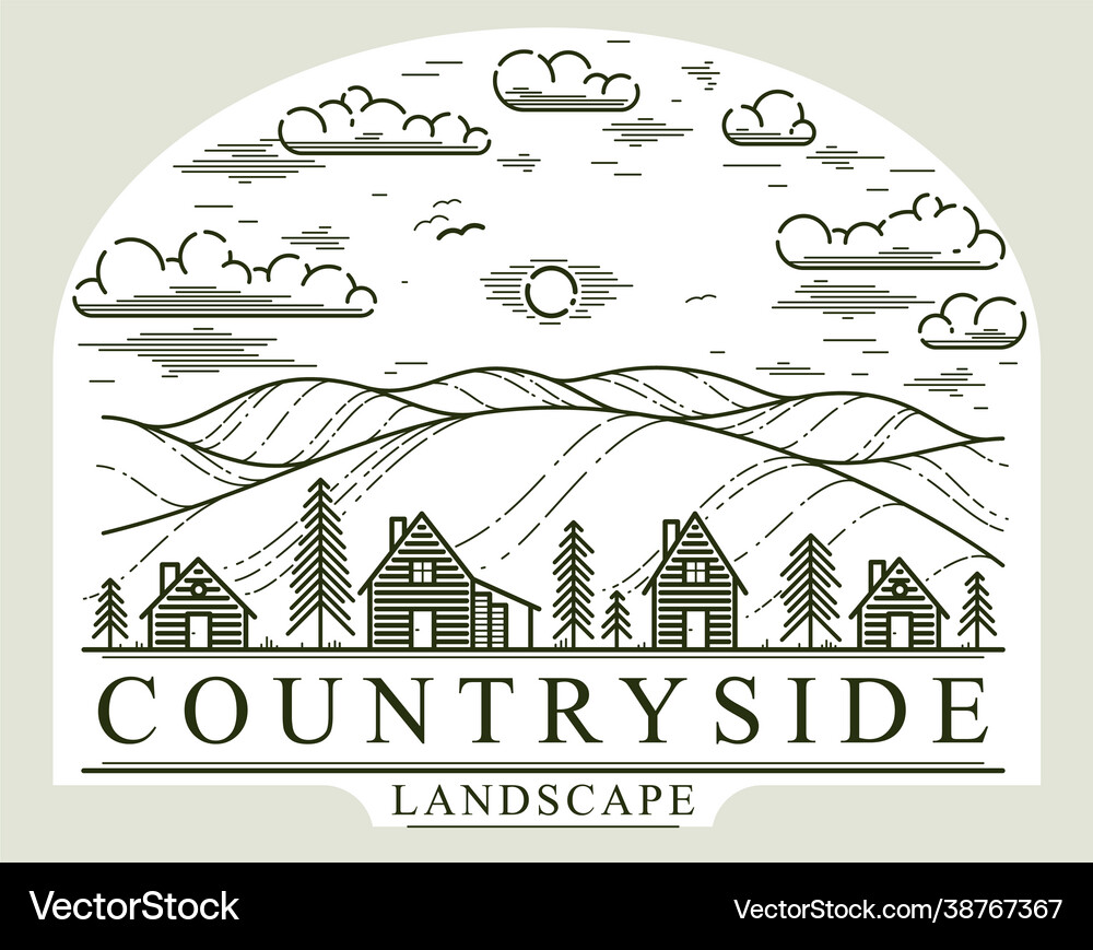 Rural village in woods linear emblem isolated Vector Image