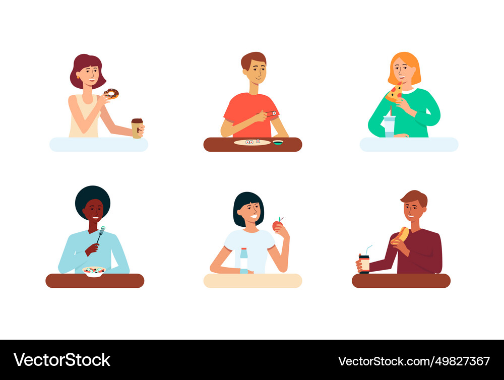 Set of single people sit at table eating various Vector Image