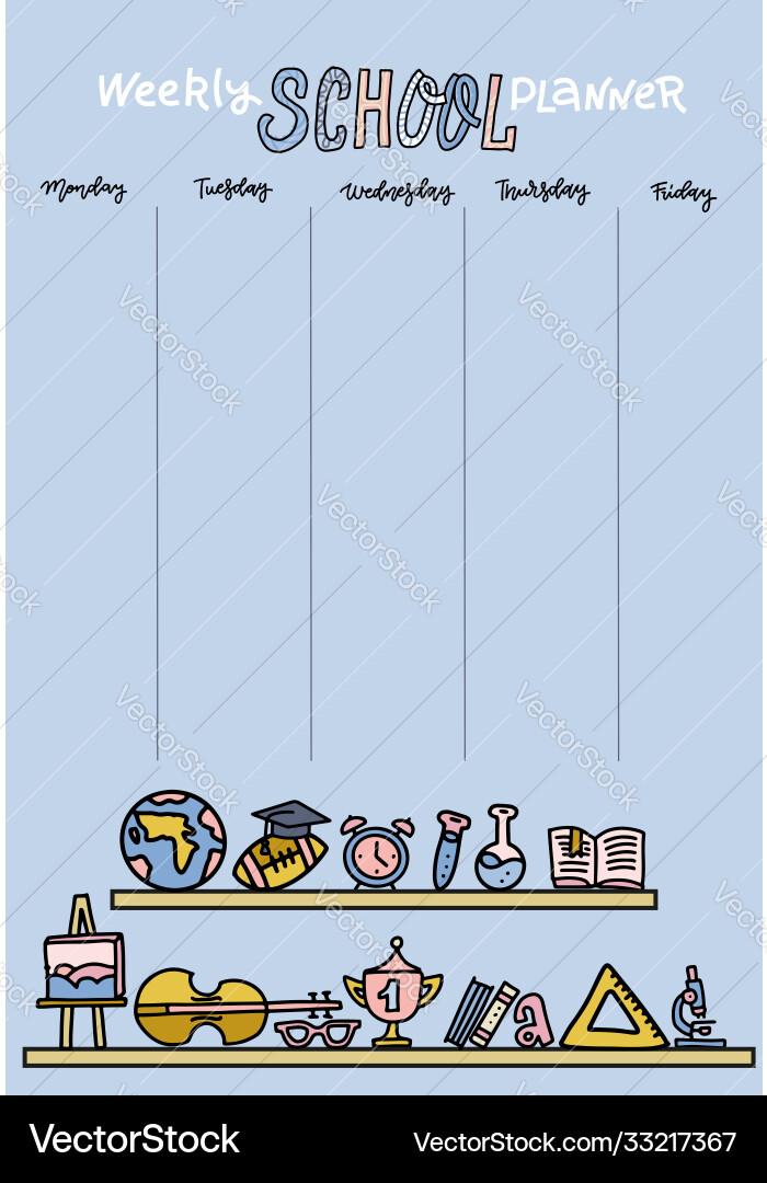 Vertical timetable for elementary school weekly Vector Image