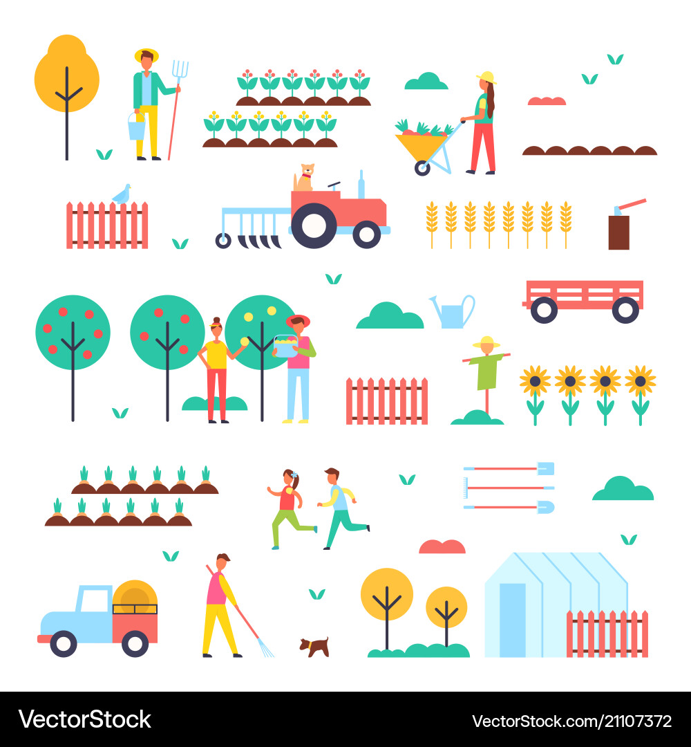 Farm workers special machines and green plants Vector Image