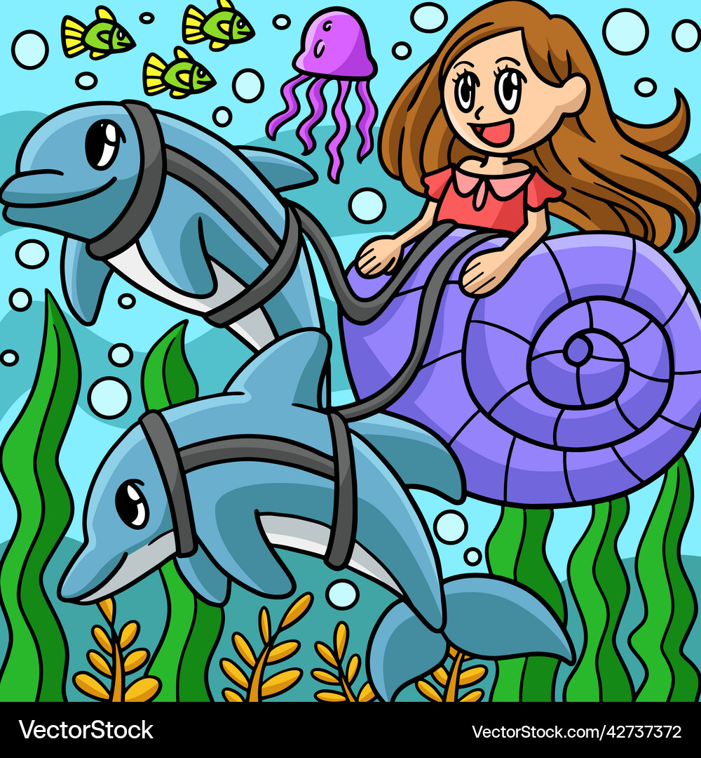 Mermaid riding in a seashell colored cartoon Vector Image