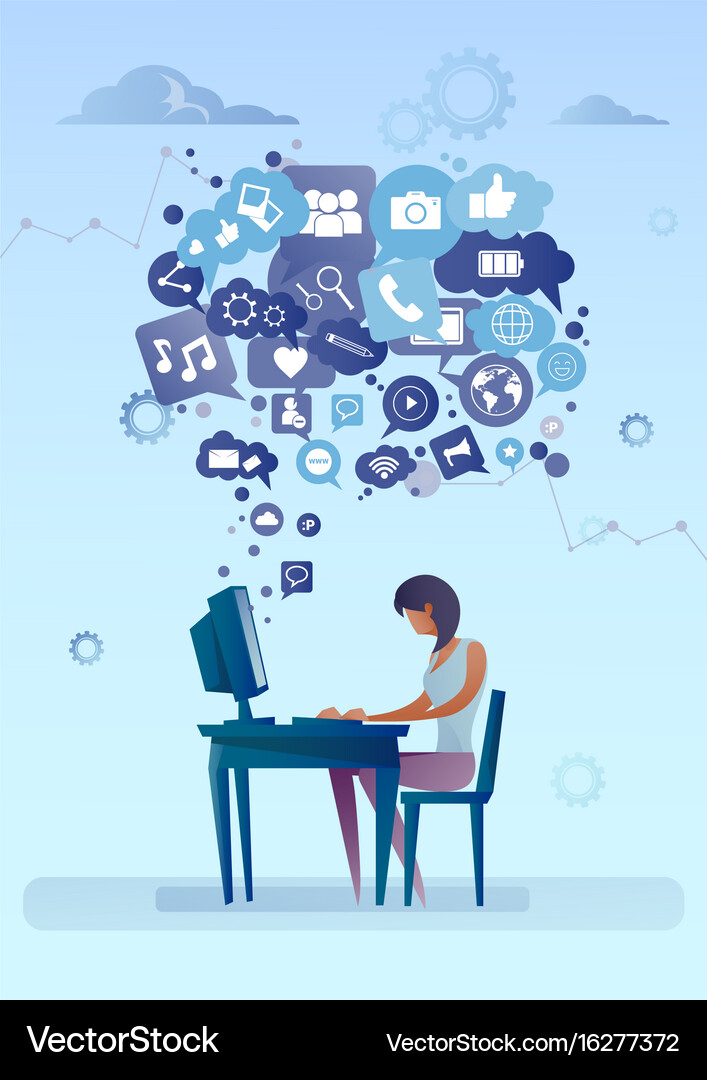 Woman using computer with chat bubble of social Vector Image