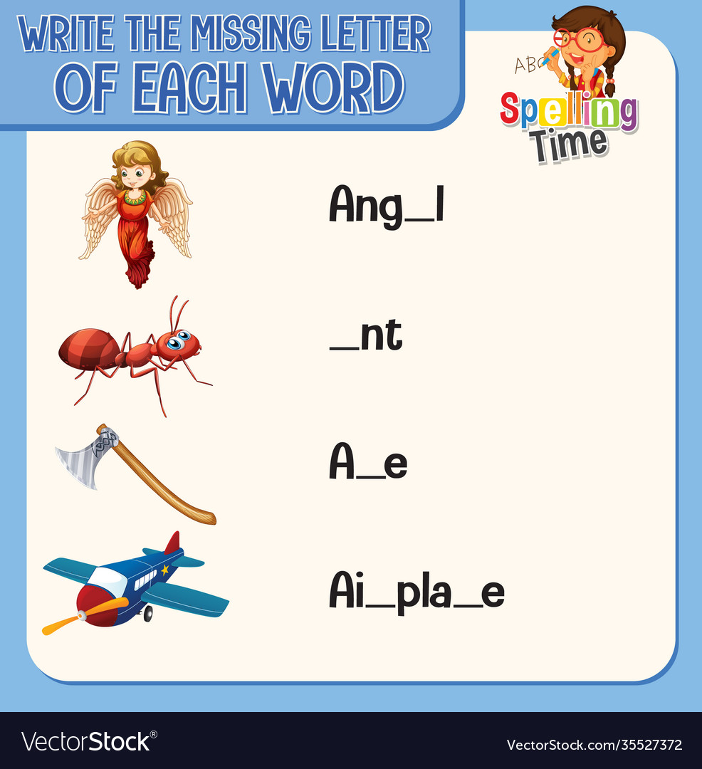 Write missing letter each word worksheet Vector Image