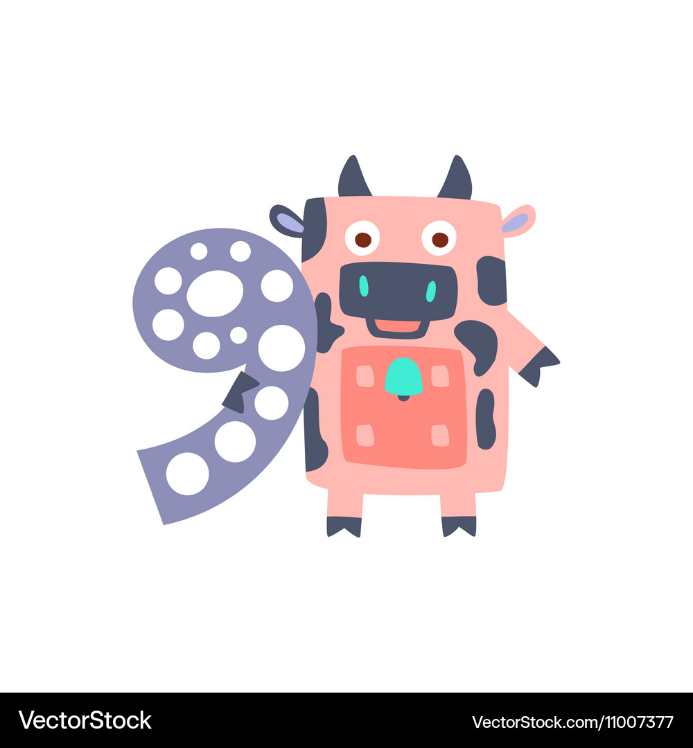 Cow standing next to number nine stylized funky Vector Image