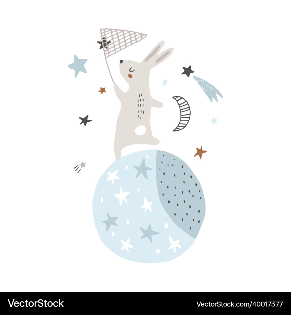 Cute rabbit with catching stars isolated on white Vector Image