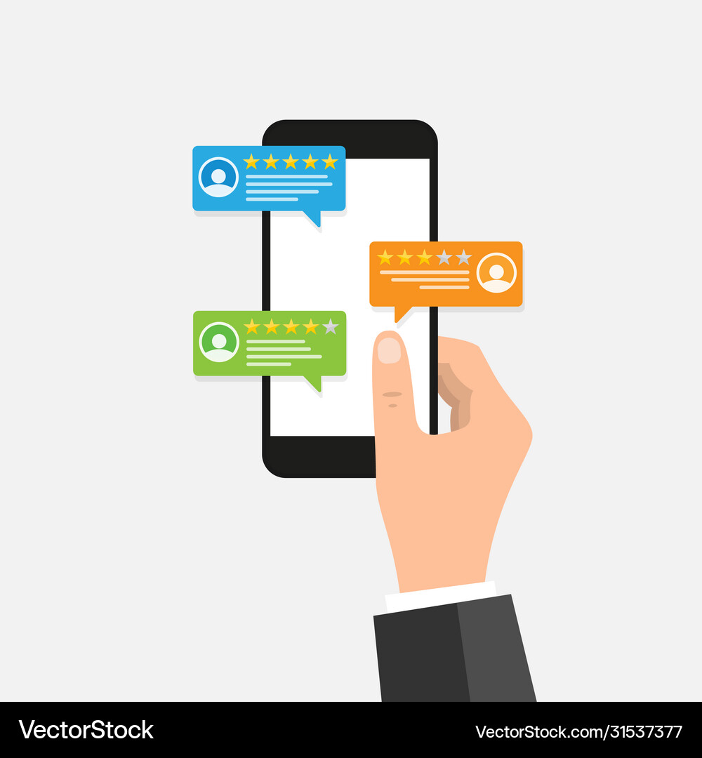 Hand holding mobile smart phone with review Vector Image