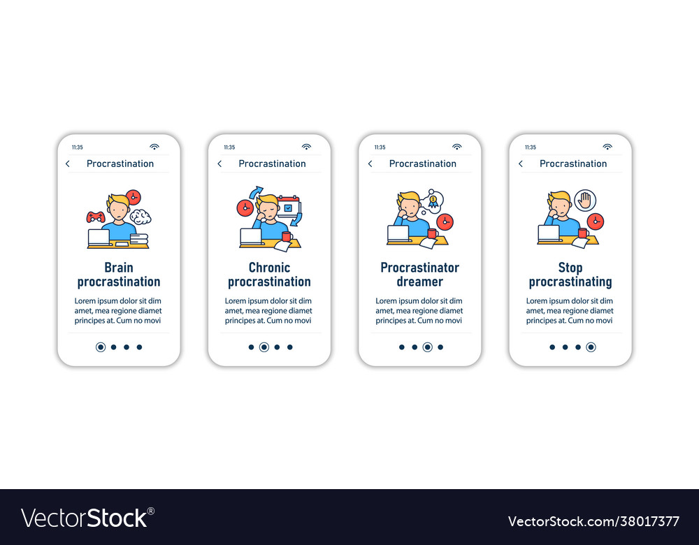 Procrastination onboarding mobile app screens Vector Image