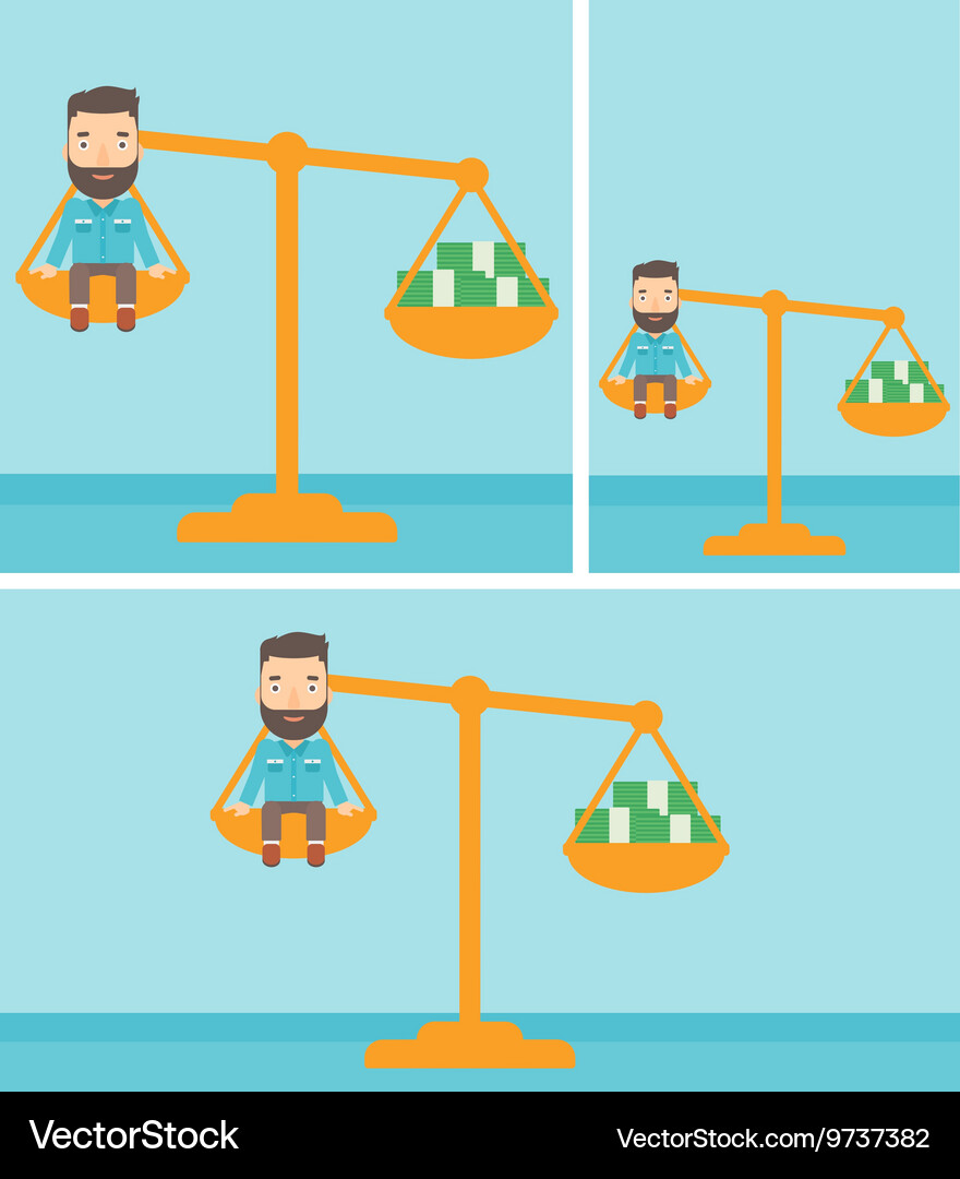 Businessman sitting on scale with stacks money Vector Image