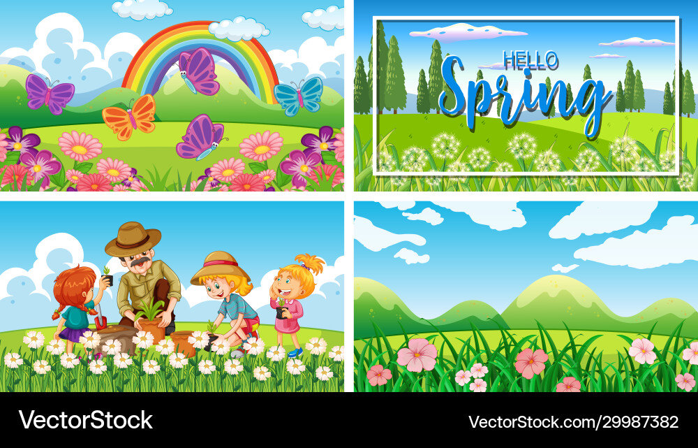 Four background scenes with children and animals Vector Image