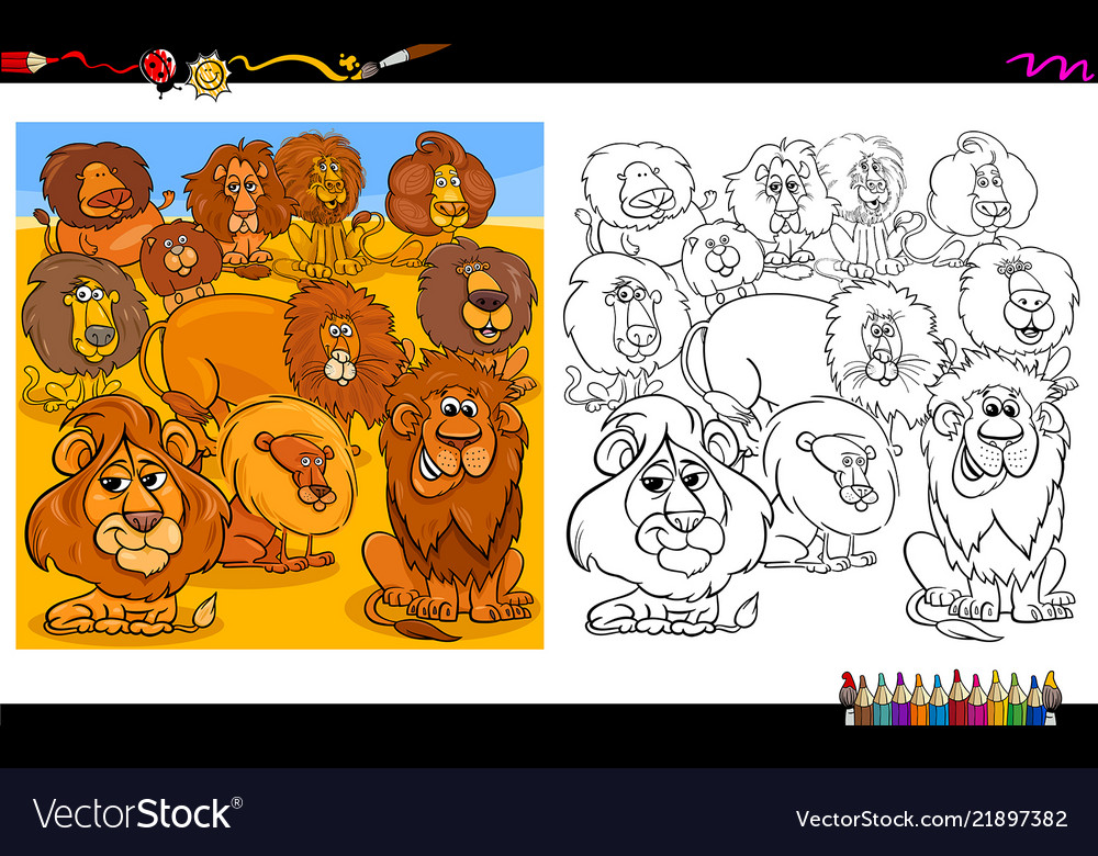 Lions animal characters group coloring book Vector Image