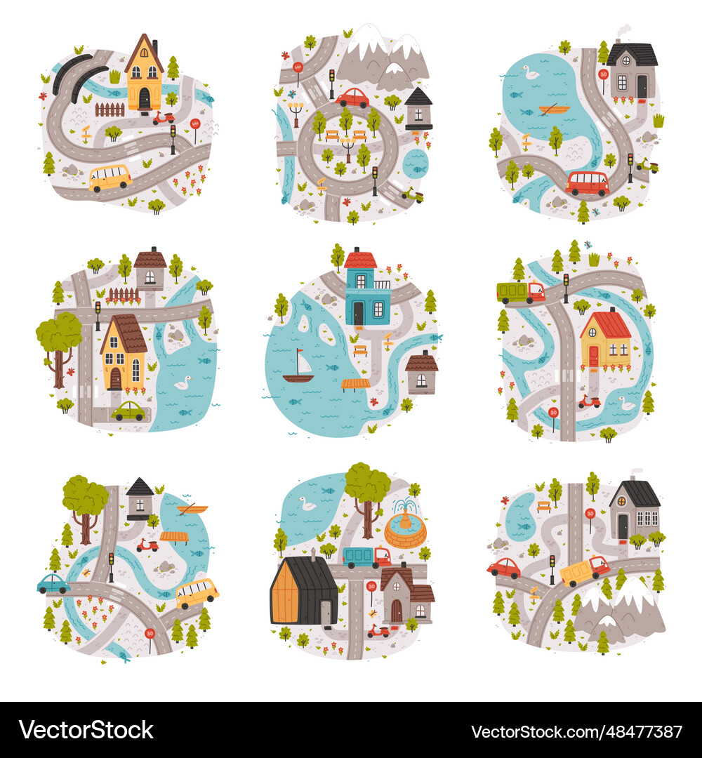 Charming Town Map with Roads & Houses Vector Image