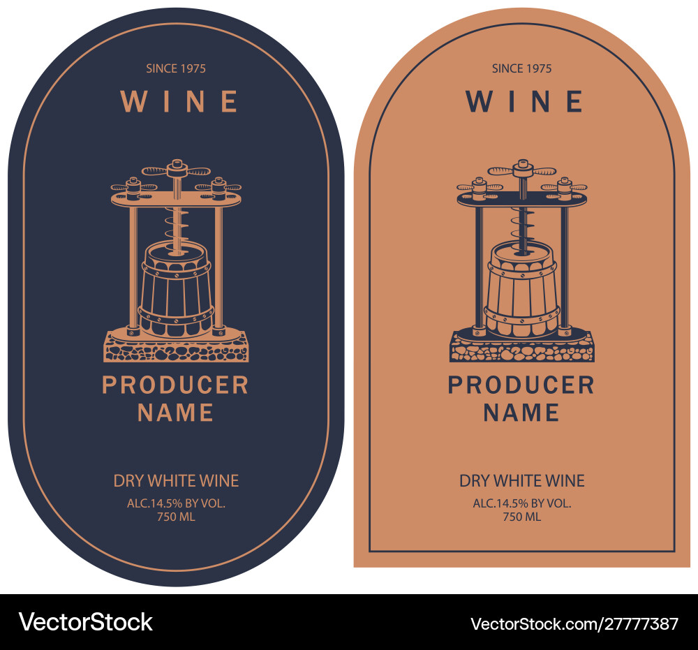 Labels for wine with a wine press and barrel Vector Image