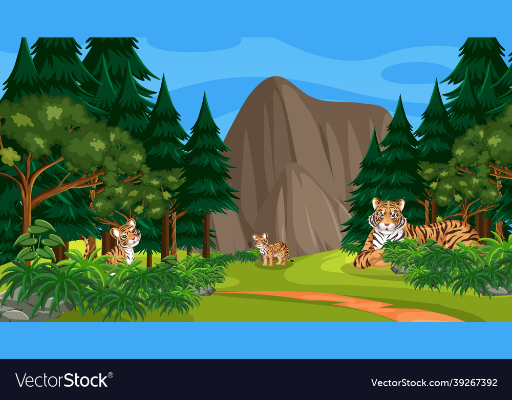 Tiger family in forest or rainforest scene Vector Image