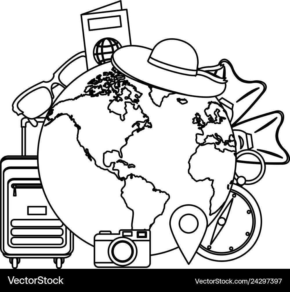 Line global planet with journey travel objects Vector Image