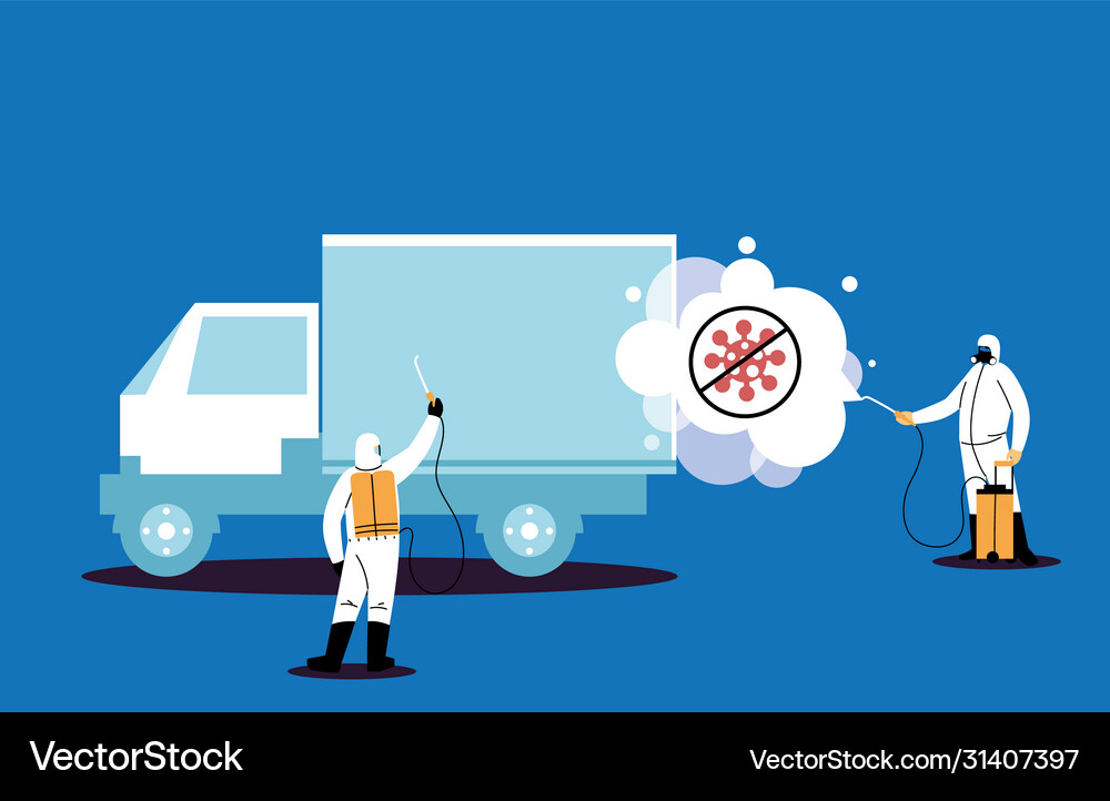 Man in suits desinfecting vehicles Royalty Free Vector Image