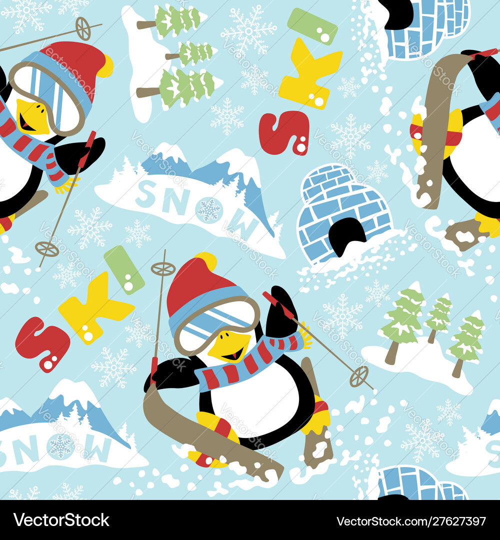 Seamless pattern snow sport cartoon with cute Vector Image