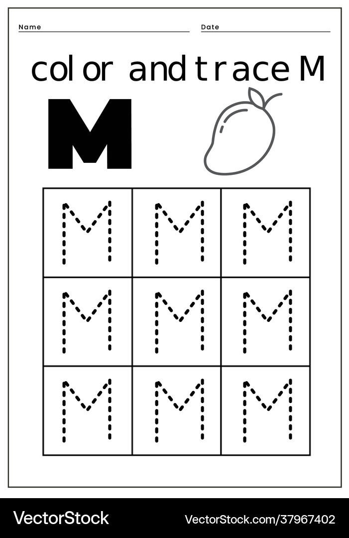 Color and trace alphabet m worksheet Royalty Free Vector
