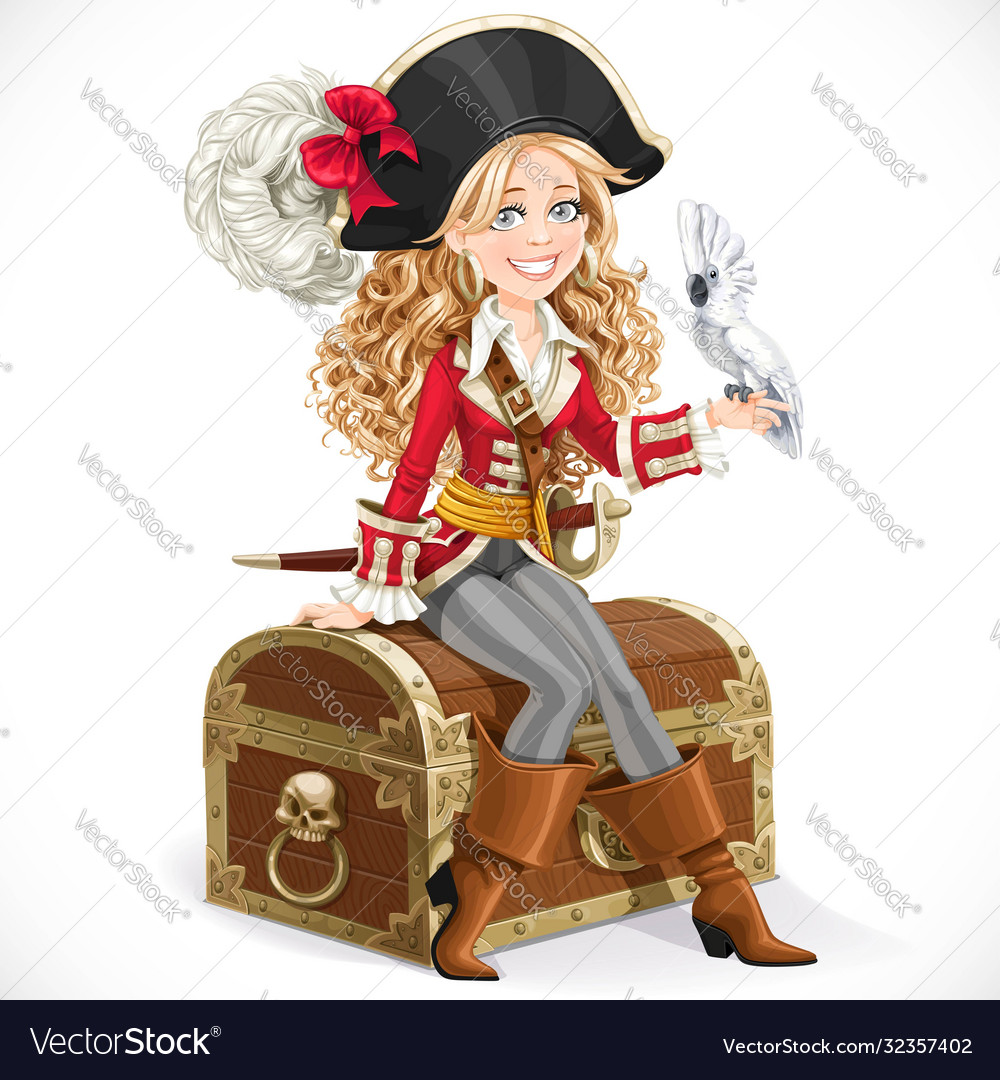Cute Pirate Girl With Parrot Sit On Big Chest Vector Image