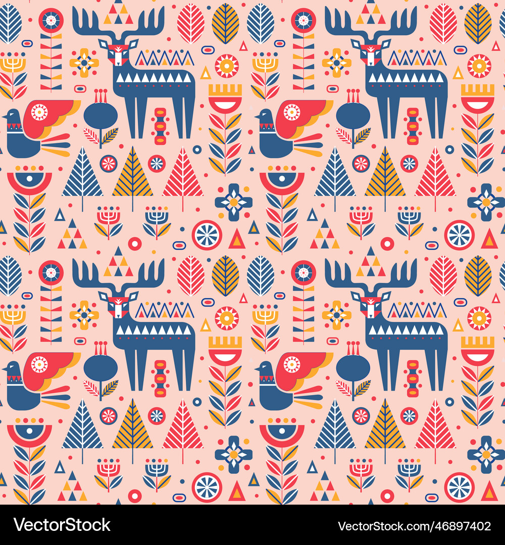 Forest folk animals and plants in nordic pattern Vector Image