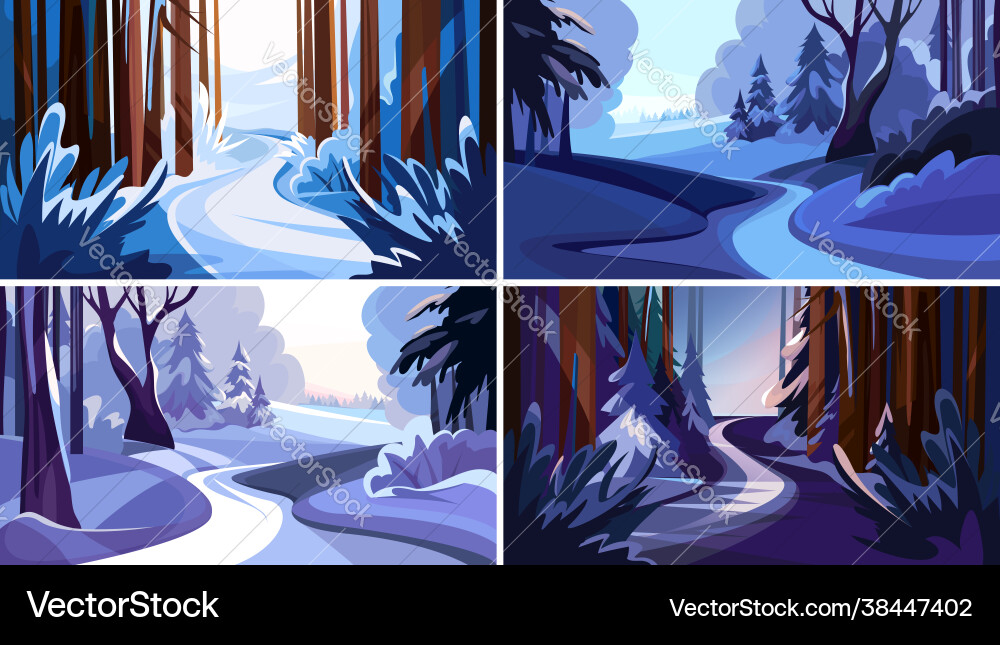 Landscapes with road in winter forest Royalty Free Vector